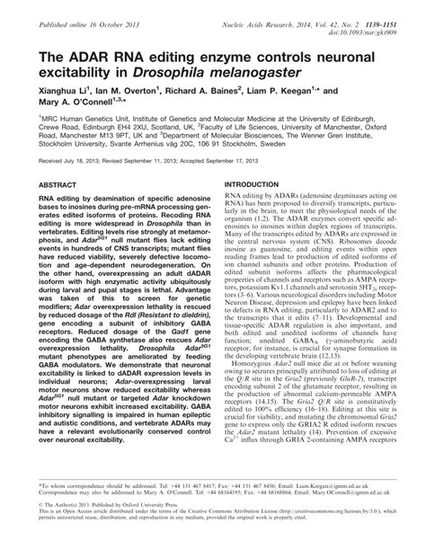 Pdf The Adar Rna Editing Enzyme Controls Neuronal Excitability In
