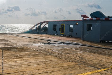 Towing Wire On Deck Of Anchor Handling Tug Supply Ahts Vessel During