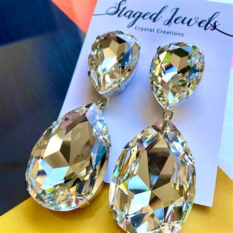 Dramatic 75mm Teardrop Crystal Earrings Clip On Or Pierced Large Austrian Crystal Stones Large