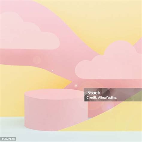 핑크 서클 연단 산 풍경 노란색 민트 색상 선빔 눈부심 구름 사각형이있는 패션 스타일 종이 추상 무대 모형 광고를위한 템플릿 프리젠 테이션 화장품 생산 0명에 대한 스톡