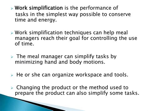 Work simplification in meal preparation | PPTX | Cooking | Food & Drink