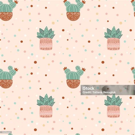 선인장의 매끄러운 패턴 냄비와 물방울 무늬에 선인장과 배경을 반복 보헤미안 스타일의 소박하고 자연스러운 색상의 패턴 벡터 일러스트레이션 0명에 대한 스톡 벡터 아트 및 기타
