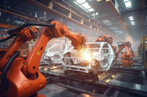 Automated Robotic Arms Line Welding Assembly Car Working At Futuristic