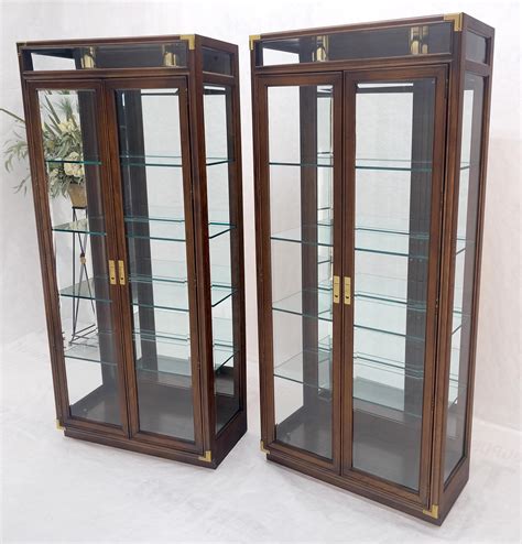 Pair Two Glass Doors Lighted Oak And Brass Glass Shelves Vitrines