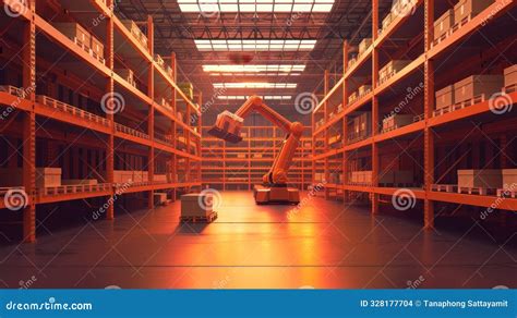 A Robotic Arm Operates In A Modern Warehouse Signifying Automation Efficiency And Advanced