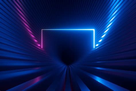 3d 렌더 빛나는 선 직사각형 모양 자외선 레이저 쇼 벽 반사가있는 파란색 핑크 네온 추상 배경 도로에 대한 스톡 사진 및 기타 이미지 Istock