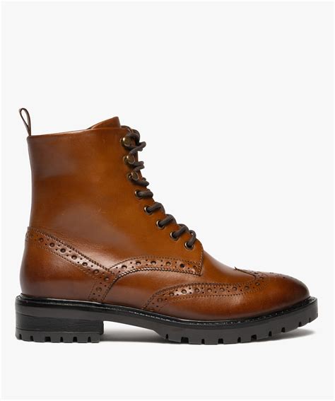 Boots Femme Mid Cut à Bout Golf Fleuri Dessus En Cuir Camel Gemo