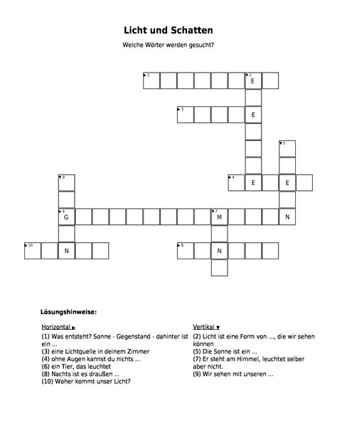 Kreuzworträtsel Licht und Schatten als PDF Arbeitsblatt