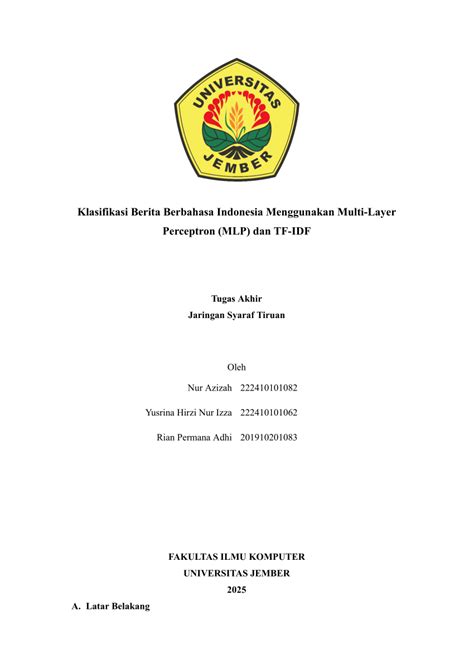 Pdf Klasifikasi Berita Berbahasa Indonesia Menggunakan Multi Layer Perceptron Mlp Dan Tf Idf