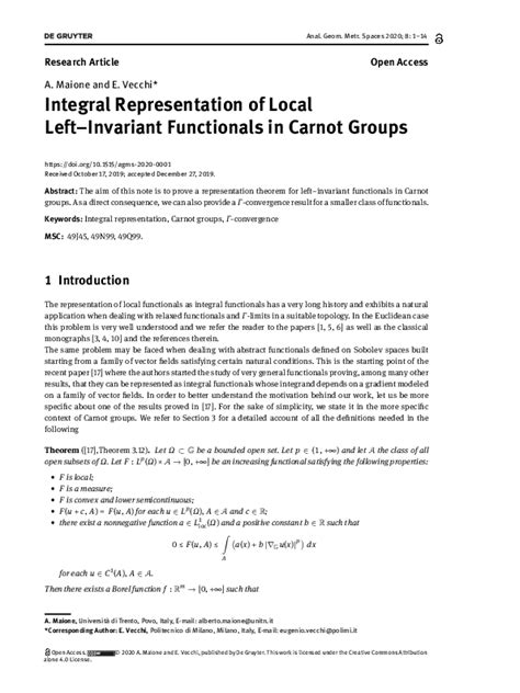 Pdf Integral Representation Of Local Left Invariant Functionals In Carnot Groups