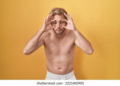Caucasian Man Standing Shirtless Wearing Sun Stock Photo 2221405903
