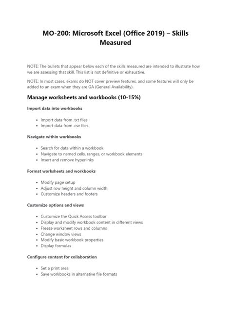 Mo 200 Microsoft Excel 2019 Skills Measured Pdf Microsoft Excel