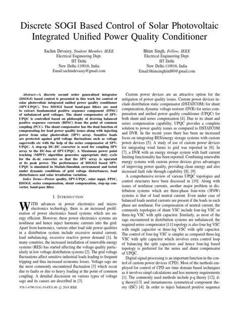 Discrete Sogi Based Control Of Solar Photovoltaic Integrated Upqc Pdf