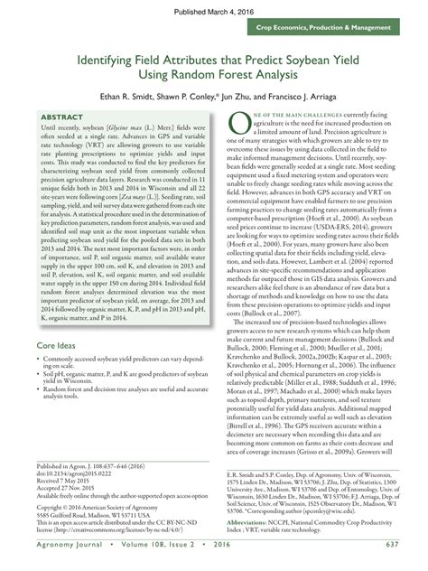 Pdf Identifying Field Attributes That Predict Soybean Yield Using Random Forest Analysis