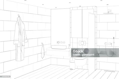 목욕 가운과 세면대 근처의 수건 대형 직사각형 거울 내장 된 화장실 위의 보관 캐비닛 파티션이있는 샤워 시설이있는 욕실의 스케치