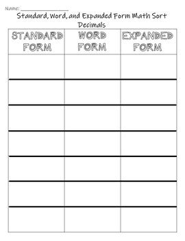 Writing Decimals In Word Expanded And Standard Form Math Sort TpT