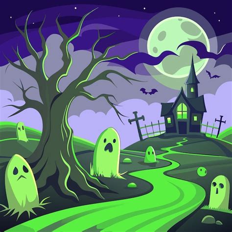 A Spooky Landscape Featuring Ghosts A Haunted House And A Full Moon