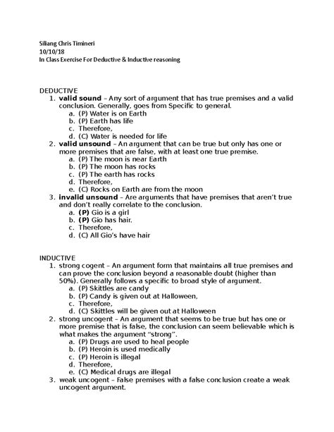 Deductive Inductive Arguments Siliang Chris Timineri In Class Exercise For Deductive Inductive