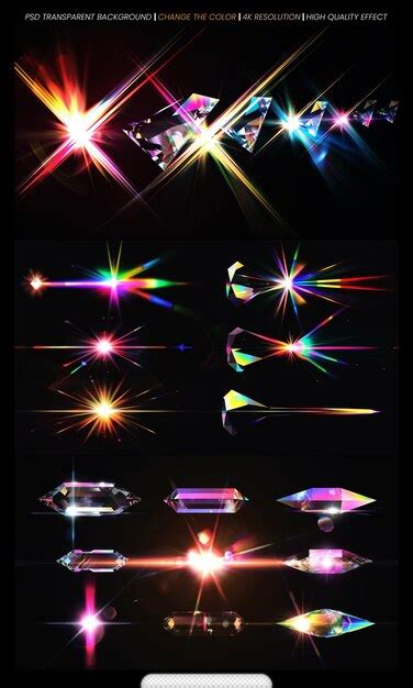 Psd 레인보우 크리스탈 빛 누출 플레어 반사 효과 프리미엄 Psd 파일