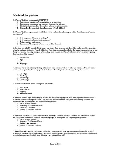 Multiple Choice Questions Pdf Prenatal Development Developmental