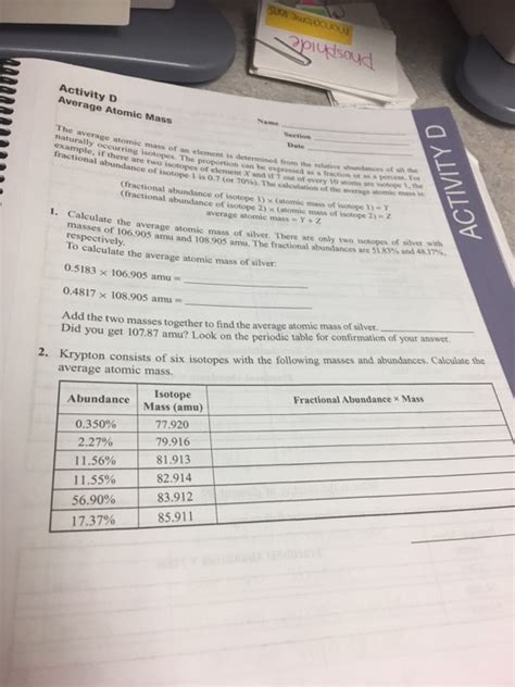 Solved Activity D Average Atomic Mass The Average Atomic Chegg