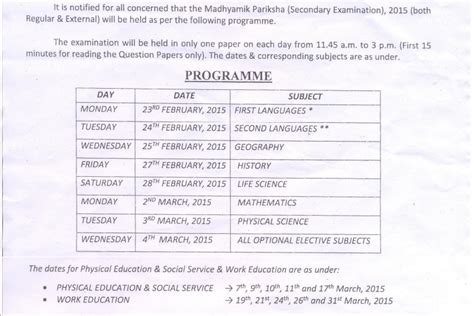 WBBSE Madhyamik Pariksha Routine 2015 WB 10th Admit Card Syllabus