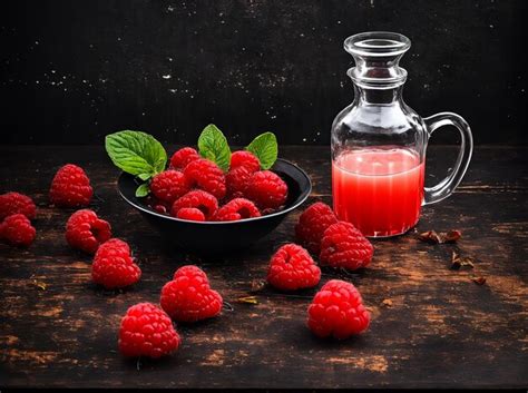 Premium Photo Close Up Raspberry In Juice Complex Background