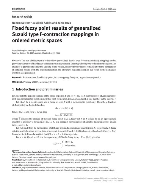 PDF Fixed Fuzzy Point Results Of Generalized Suzuki Type F Contraction Mappings In Ordered