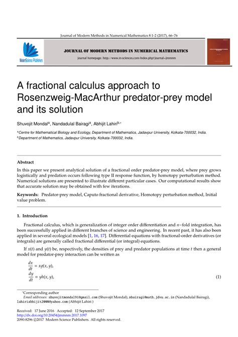 Pdf A Fractional Calculus Approach To Rosenzweig Macarthur Predator