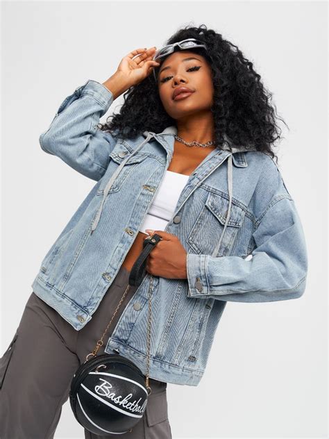 Куртка джинсовая Женский Капюшон Карманы синий голубой классический Джинс размер 46 Длинный