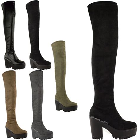 Womens Ladies Sexy Over The Knee Thigh High Chunky Platform Heel