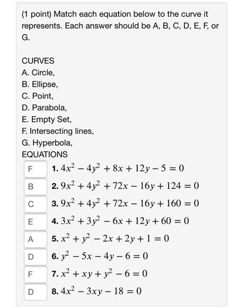 Solved 1 Point Match Each Equation Below To The Curve It