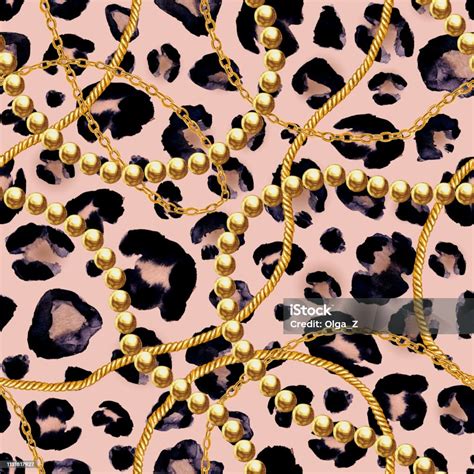 골든 체인 매력적인 표범 모피 완벽 한 패턴 일러스트입니다 황금 사슬 수채화 텍스처입니다 0명에 대한 스톡 벡터 아트 및 기타 이미지 Istock