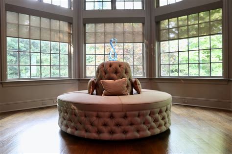 Tufted Round Banquette With Silver Ball Buttons Piping And 4 Small