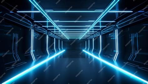 파란색 흰색 Led 조명 Sci Fi 미래 현대 우주선 어두운 터널 복도 생성 Ai 프리미엄 사진