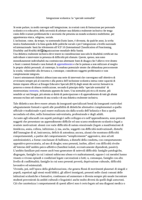 Processi Di Integrazione Scolastica E Metacognizione Docsity