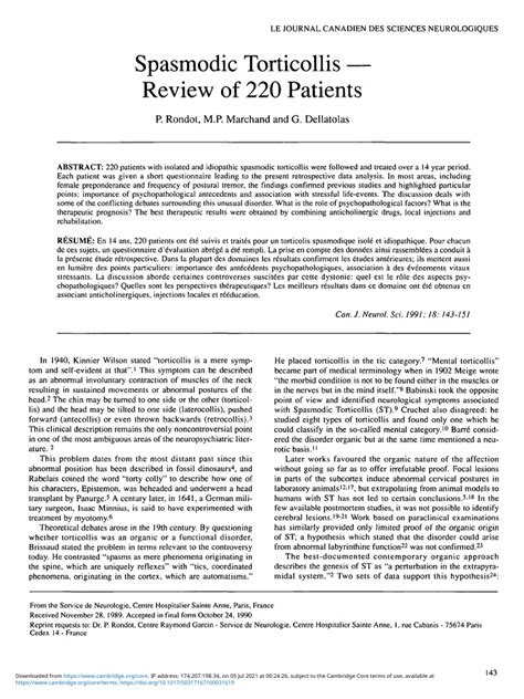 Spasmodic Torticollis Review Of 220 Patients P Rondot Mp