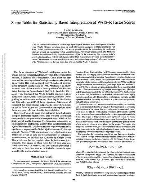 Pdf Some Tables For Statistically Based Interpretation Of Wais R