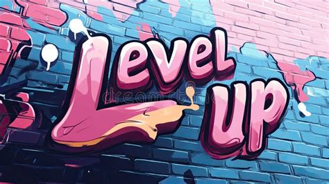 bold graffiti style level up text on brick wall stock illustration