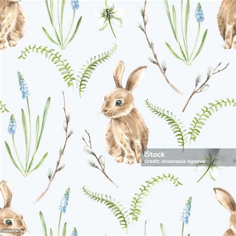 귀여운 토끼 버드 나무 가지 양치류 잎 무스카리와 Hellebore 꽃이 있는 꽃 완벽 한 패턴 수채화로 손으로 그린 봄 장식 직물 직물 포장지 디자인을 위한 템플릿 0명에