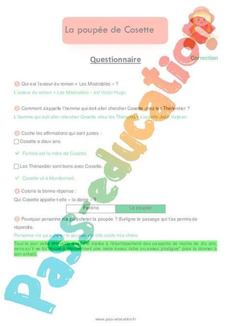 La poupée de cosette Ce2 Récit Lecture PDF à imprimer par Pass