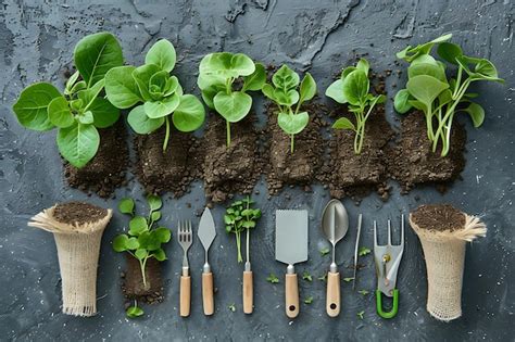 Premium Photo Gardening Tools And Freshly Planted Seedlings On A Gray Surface