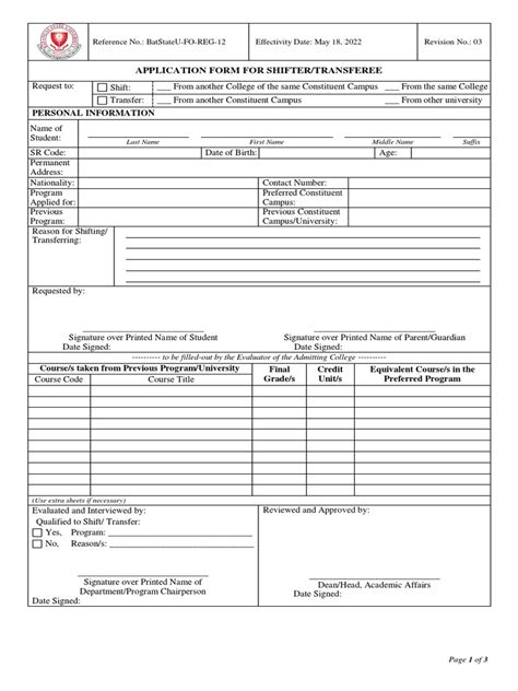 Batstateu Fo Reg 12 Application Form For Shifter Transferee Rev