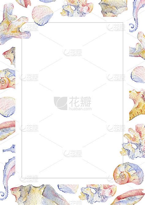 水彩贝壳一套贝壳，珊瑚和海马