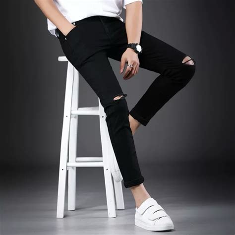 Quần Jean Nam Rách Gối Trơn Chất Bò Cao Cấp Co Dãn 4 Chiều đẹp Rin Trơn