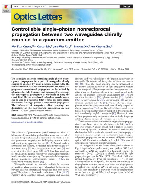 Pdf Controllable Single Photon Nonreciprocal Propagation Between Two