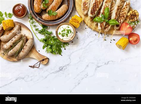 Grill Food Menu Various Bbq Grilled Sausages With Fresh Herbs And