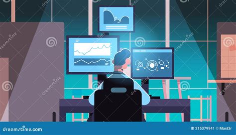 Man Trader Stock Market Broker Analyzing Charts Graphs And Rates On Computer Monitors At