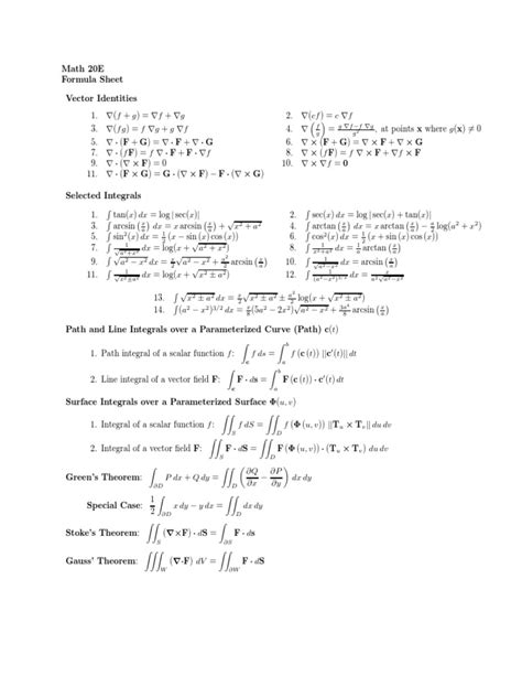 Vector Calculus Cheat Sheet Pdf Mathematical Concepts Space