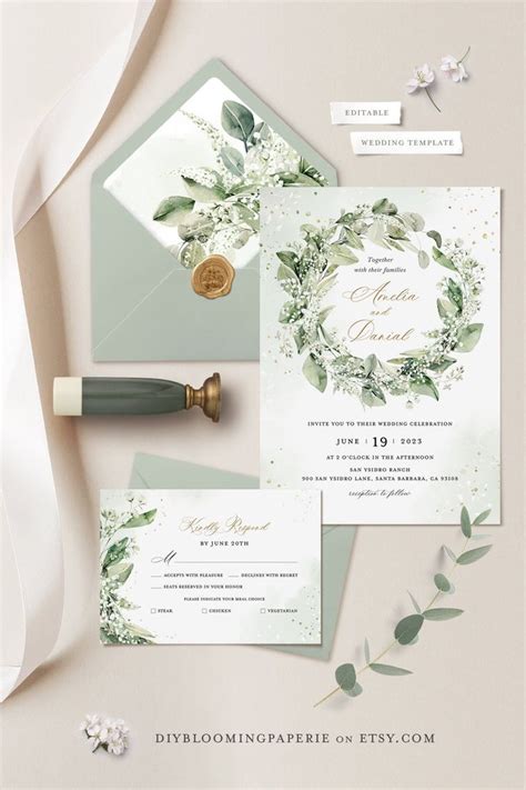 Boho Greenery Wedding Invitation Template Elegant Wedding Invite Sage